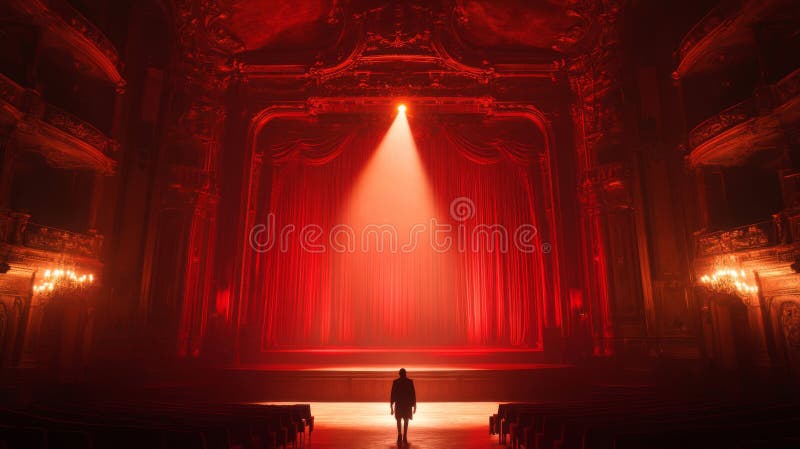 Silhouette in Red Lit Theater Stage Stock Illustration - Illustration ...