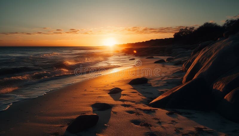 Silhouette of Rocks at Waters Edge, Tranquil Dusk Horizon Reflection ...