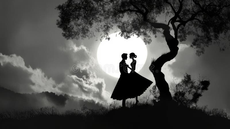 Silhouette of a Romantic Couple Dancing Under a Full Moon at Night ...