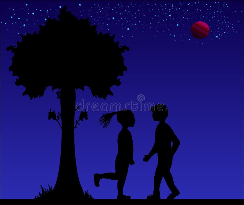 Silhouette of Romantic Couple at Night. Vector Illustration of Lovers ...