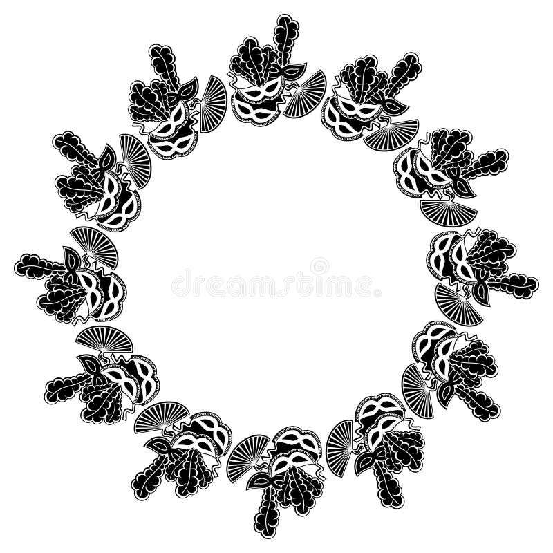 Silhouette Round Frame with Carnival Masks. Raster Clip Art. Stock ...