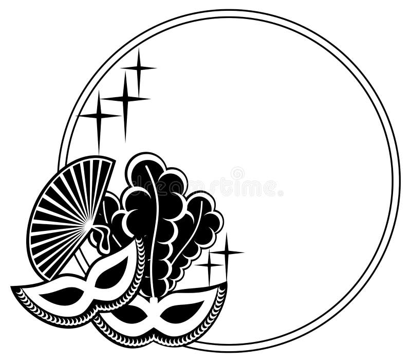 Silhouette Round Frame with Carnival Masks. Raster Clip Art. Stock ...