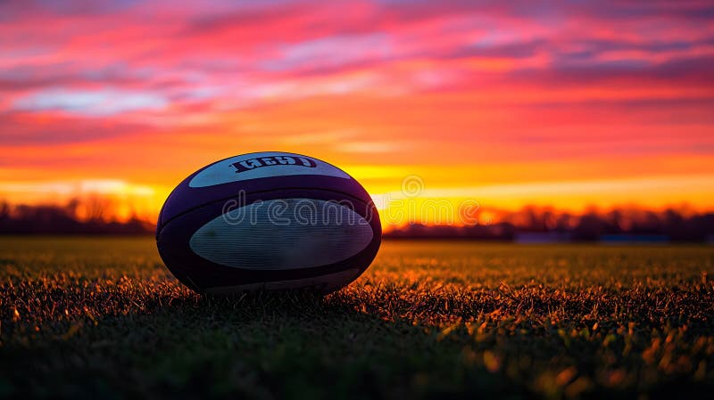 Silhouette of a Rugby Ball Set Against a Vibrant Sunset Sky, Showcasing ...