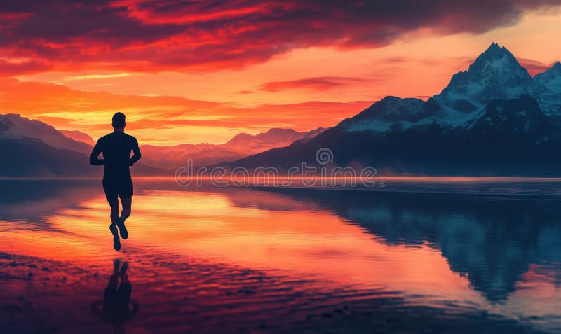 Silhouette of a Runner Against a Stunning Sunset Over a Tranquil Lake ...