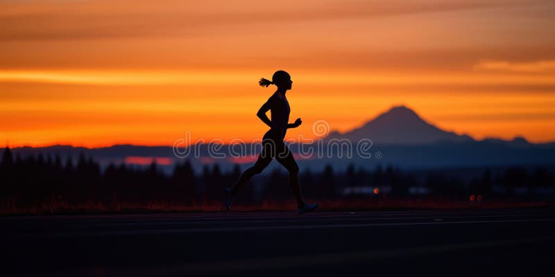 Silhouette of Runner Against Vibrant Sunset with Mountain Background ...