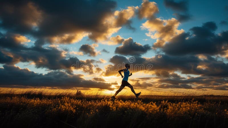 Silhouette of a Runner Amidst Wildflowers Against a Dramatic Sunset Sky ...