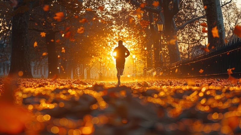Silhouette of a Runner in Autumn Leaves during Sunset Stock Photo ...