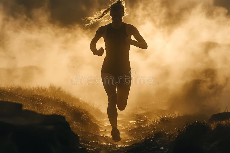 Runner Pushing Forward on a Misty Hill, Sunrise Glowing Behind. Stock ...