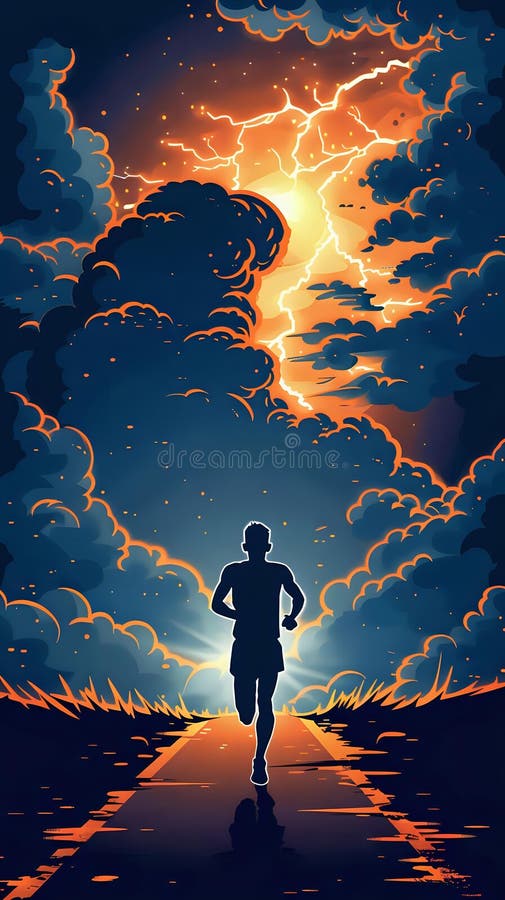 A Silhouette of a Runner on a Road Under Dramatic, Stormy Clouds and ...