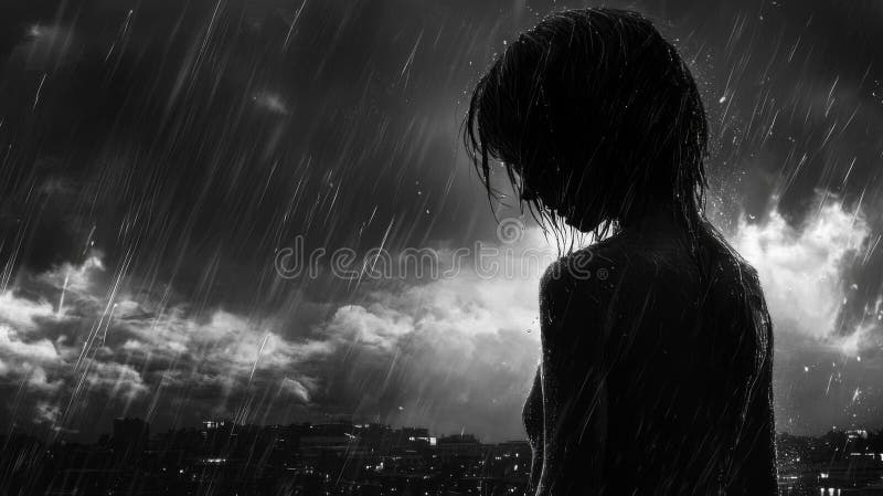 Silhouette of a Sad Woman in the Rain at Night Stock Illustration ...