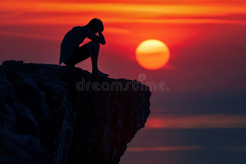Silhouette of Saddened Individual on Cliff, Sunset, Wide Lens, Space ...