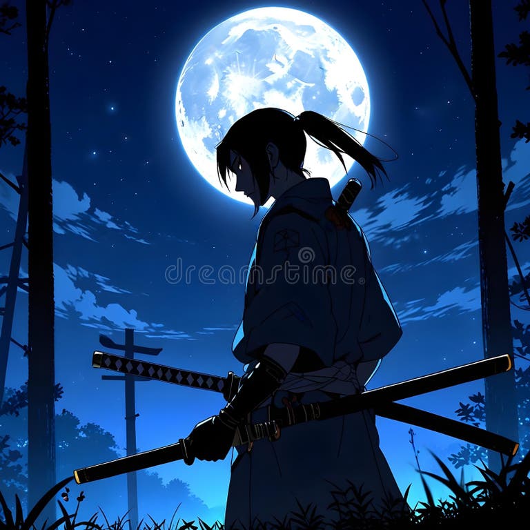 Silhouette of Sakamoto Under the Moonlight, Samurai-style Pose Stock Illustration - Illustration ...