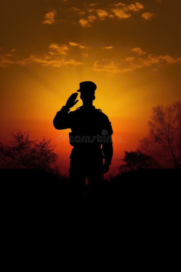 Silhouette of Saluting Soldier Against Sunset Stock Illustration ...