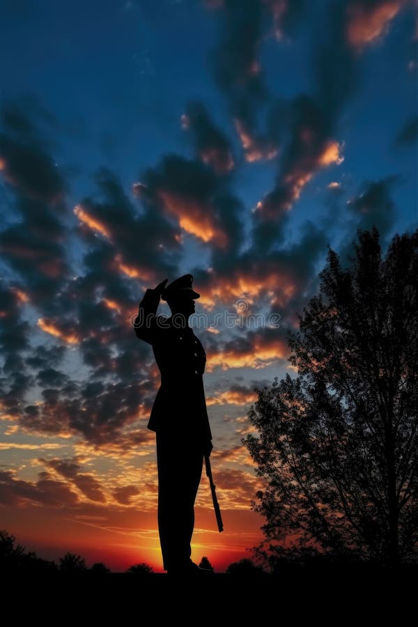 Silhouette of a Saluting Soldier Against a Sunset Sky Stock ...