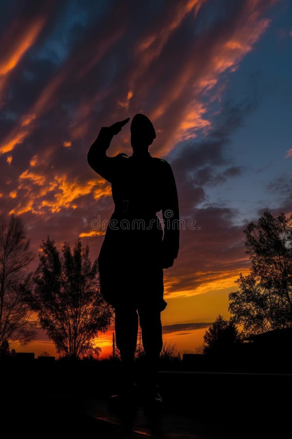 Silhouette of a Saluting Soldier Against a Sunset Sky Stock ...