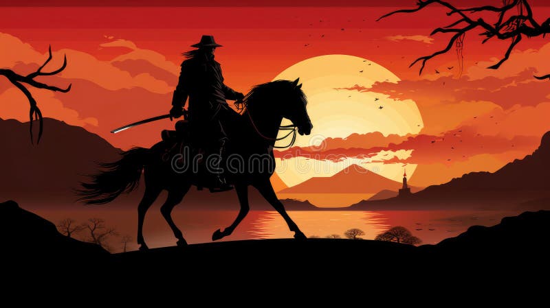 Silhouette of Samurai Riding Horse at Sunset Stock Illustration ...