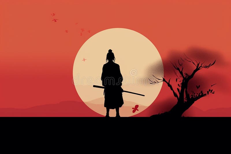 Silhouette of a Samurai Standing Against a Large Moon with a Red Sky ...