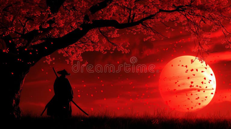 Silhouette of a Samurai Under a Cherry Blossom Tree with a Red Moon ...