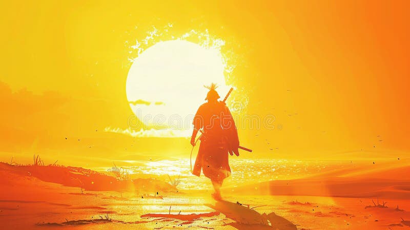 Samurai Walking Towards the Setting Sun Stock Illustration ...