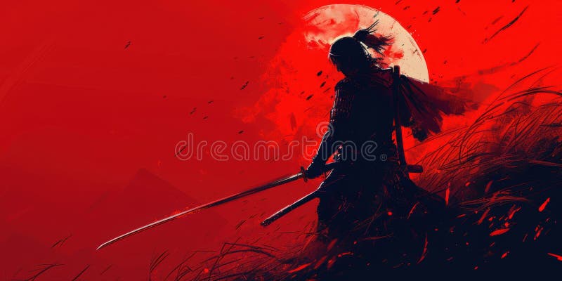 Samurai Silhouette Under Red Moon. Created by Generative Artificial ...