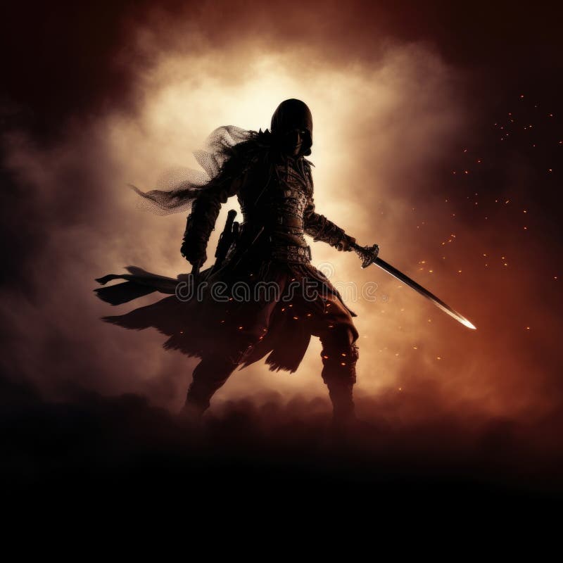 Silhouette Samurai Warrior Knight in Fighting Pose. Shadows, Smoke and ...