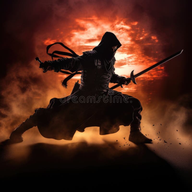 Silhouette Samurai Warrior Knight in Fighting Pose. Shadows, Smoke and ...