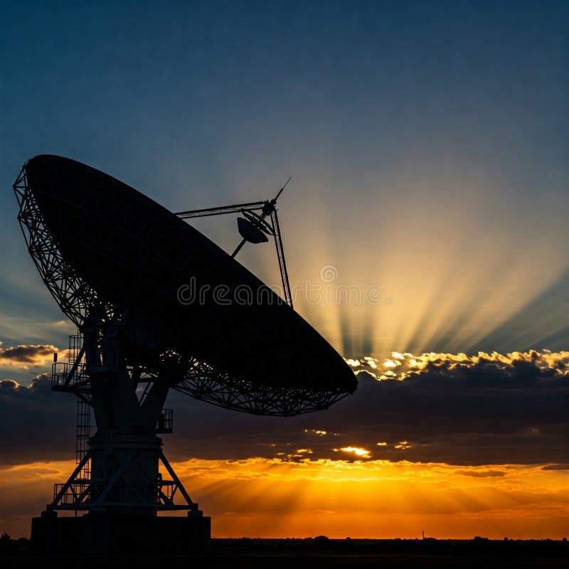 Silhouette of Satellite Dish with Dramatic Sun Rays Breaking through ...