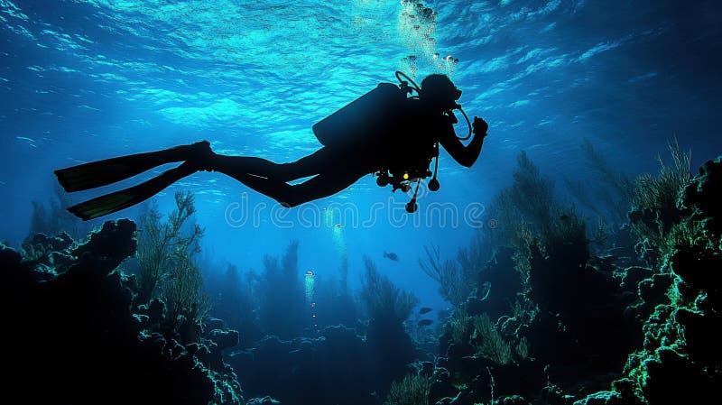 Silhouette of Scuba Diver in Dark Blue Underwater Scene Stock ...