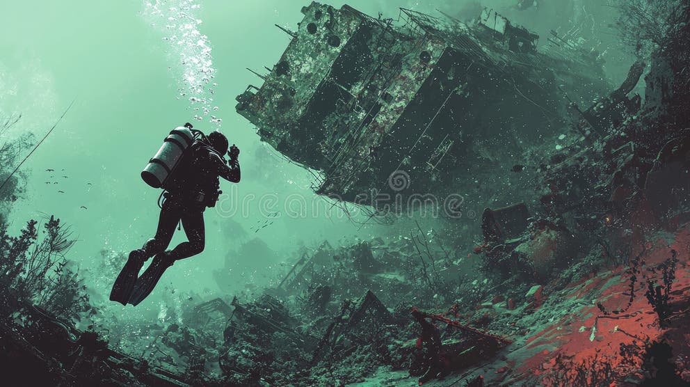 Silhouette of a Scuba Diver Exploring a Sunken Ship in the Deep Sea ...