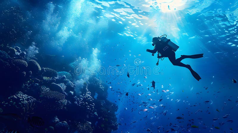 Silhouette of a Scuba Diver Underwater, Surrounded by Bubbles, with ...