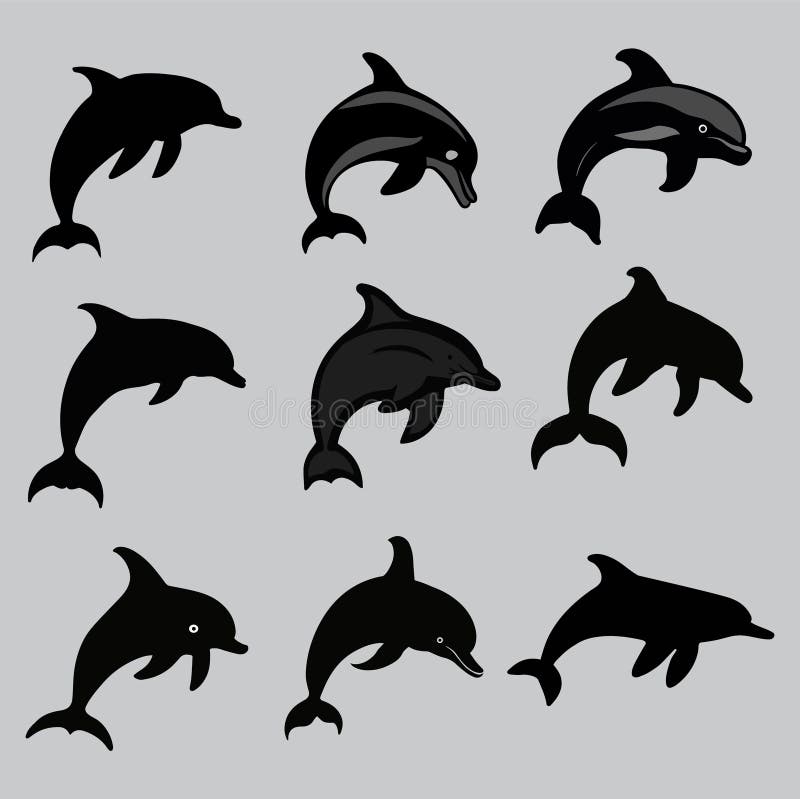 Silhouette Set of Dolphins Vector Icon. Stock Vector - Illustration of ...