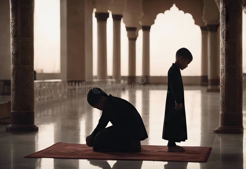 Silhouette Side View of Boy Doing Salat at the Mosque with Rukuk Posed ...