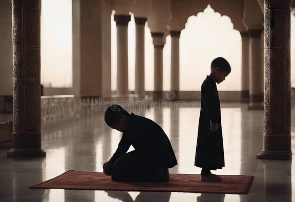Silhouette Side View of Boy Doing Salat at the Mosque with Rukuk Posed ...