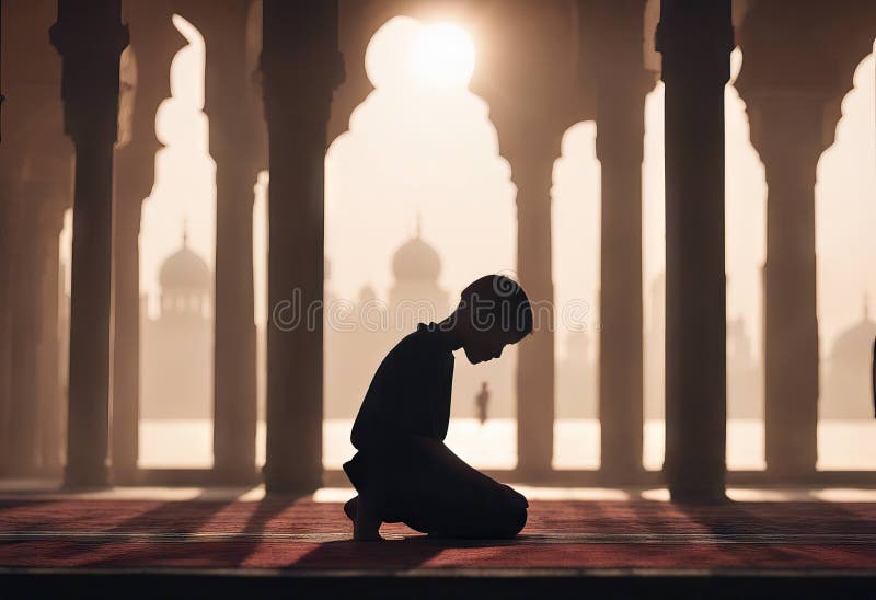 Silhouette Side View of Boy Doing Salat at the Mosque with Rukuk Posed ...
