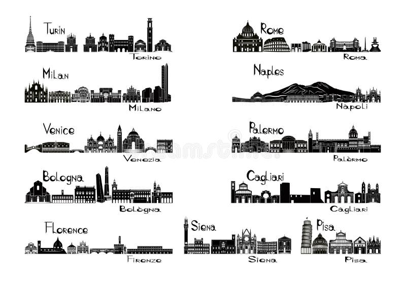 10 Cities of Italy - Silhouette Signts Stock Vector - Illustration of ...