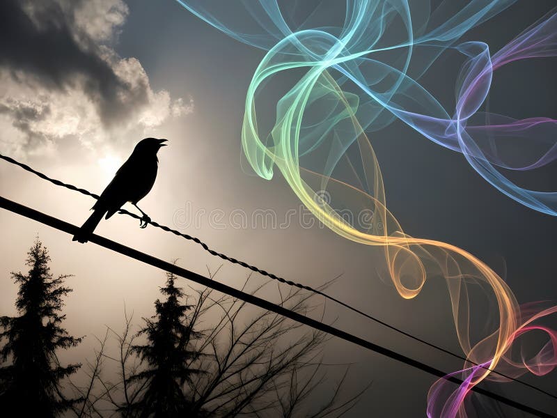 Silhouette of a Singing Bird on a Wire with Colorful Lights Stock ...