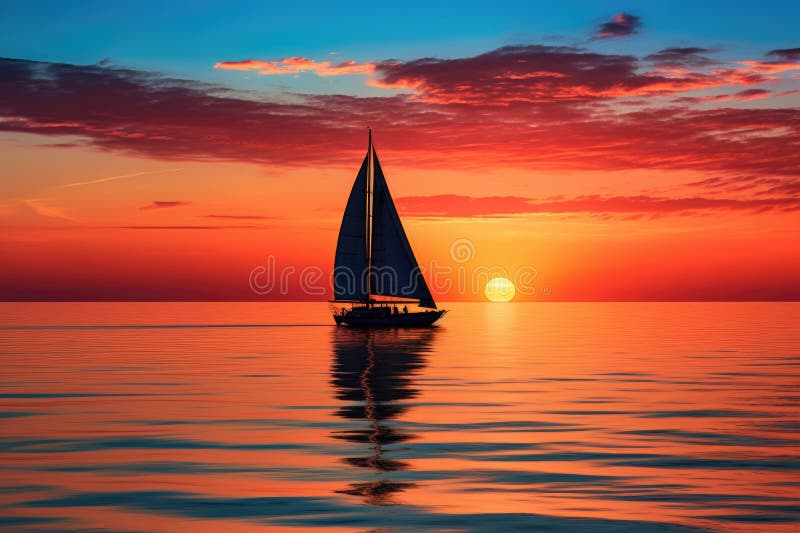 A Silhouette of a Single Sailboat on the Horizon during Sunset Stock ...