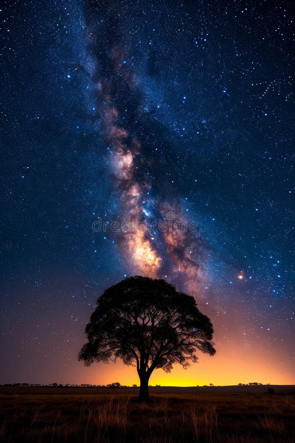 Silhouette of a Single Tree Against a Mesmerizing Star-filled Night Sky ...