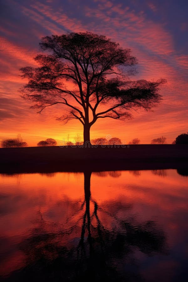 Silhouette of a Single Tree Against a Sunset Stock Illustration ...