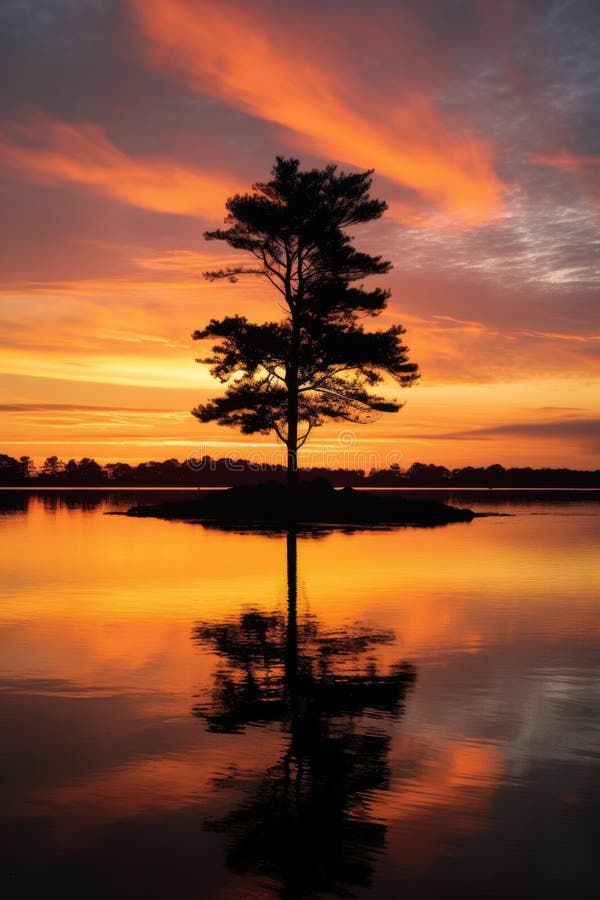 Silhouette of a Single Tree Against a Sunset Stock Illustration ...