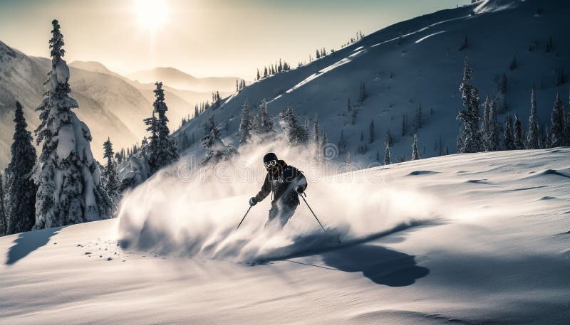Silhouette Skiing, Mountain Peak Back Lit Sunset Generated by AI Stock ...