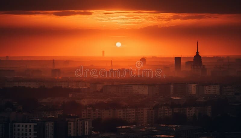 Silhouette Skyline Backlit by Orange Autumn Sunset Generated by AI ...