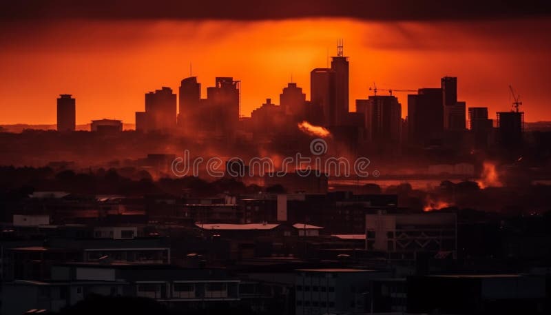 Silhouette Skyline Glows Yellow in Backlit Sunset, Panoramic Cityscape ...