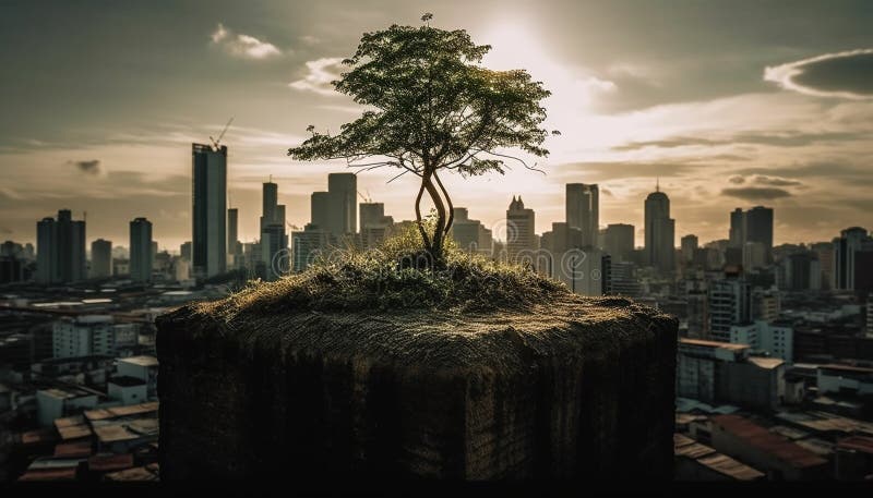 Silhouette of Skyscrapers and Trees in Backlit Cityscape at Dusk ...