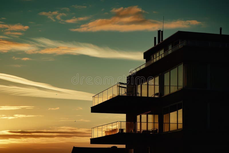 Silhouette of a Sleek Urban Dwelling Against the Backdrop of a Dusky ...