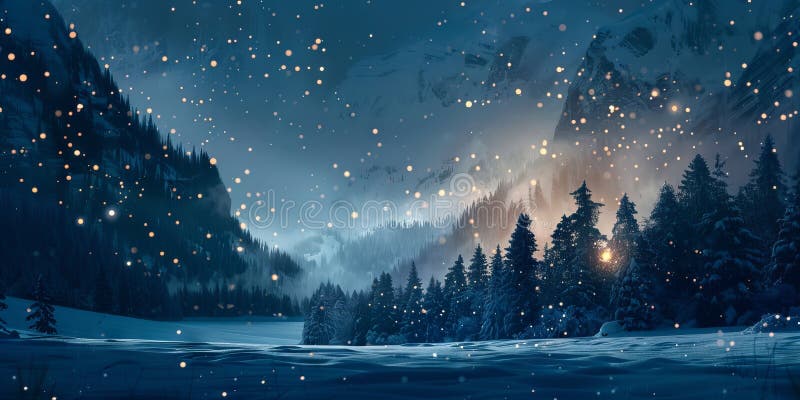 Silhouette of a Snow-covered Landscape with Twinkling Lights. Stock ...