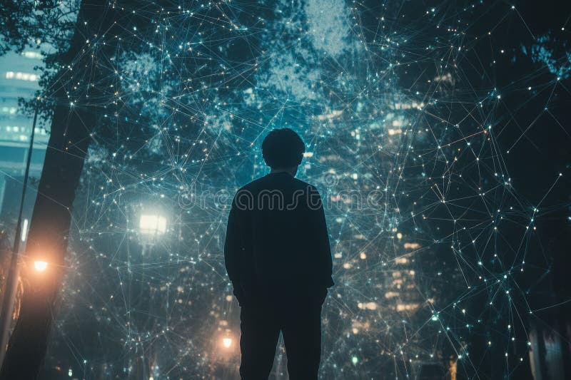Silhouette of Software Engineer Analyzing Intricate Network Connections ...
