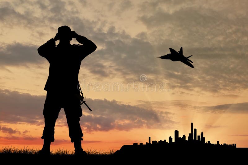 Silhouette of a Soldier and an Airplane Stock Photo - Image of desert ...