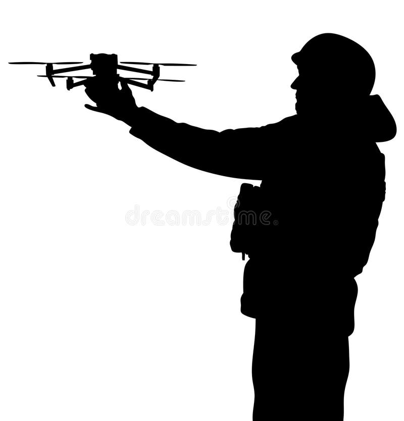 Silhouette of a Soldier Launching a Drone for Reconnaissance Stock ...