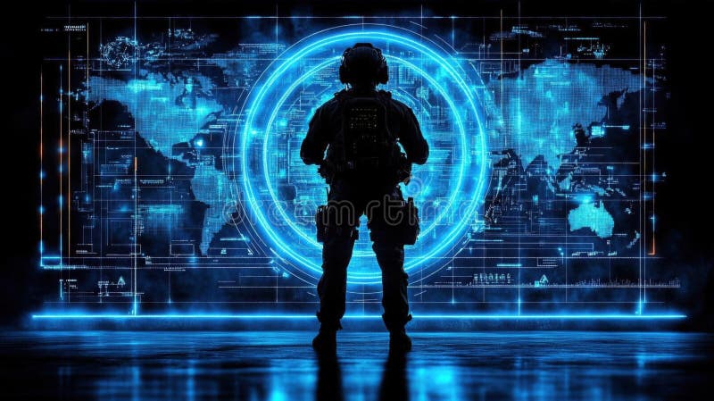 Silhouette of a Soldier Observing a Glowing Digital World Map Stock ...
